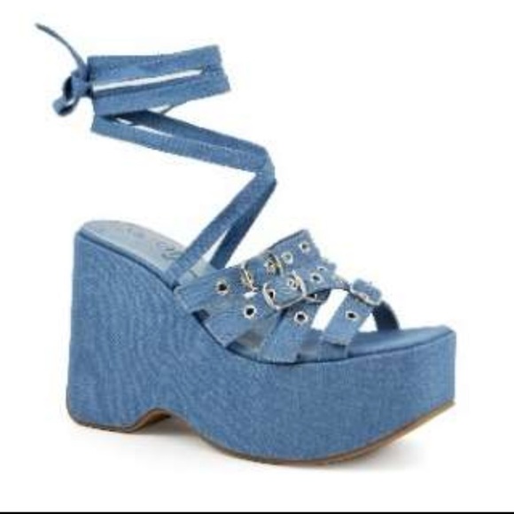 Shoes | Blue Denim Platform Wedge Sandals | Poshmark
